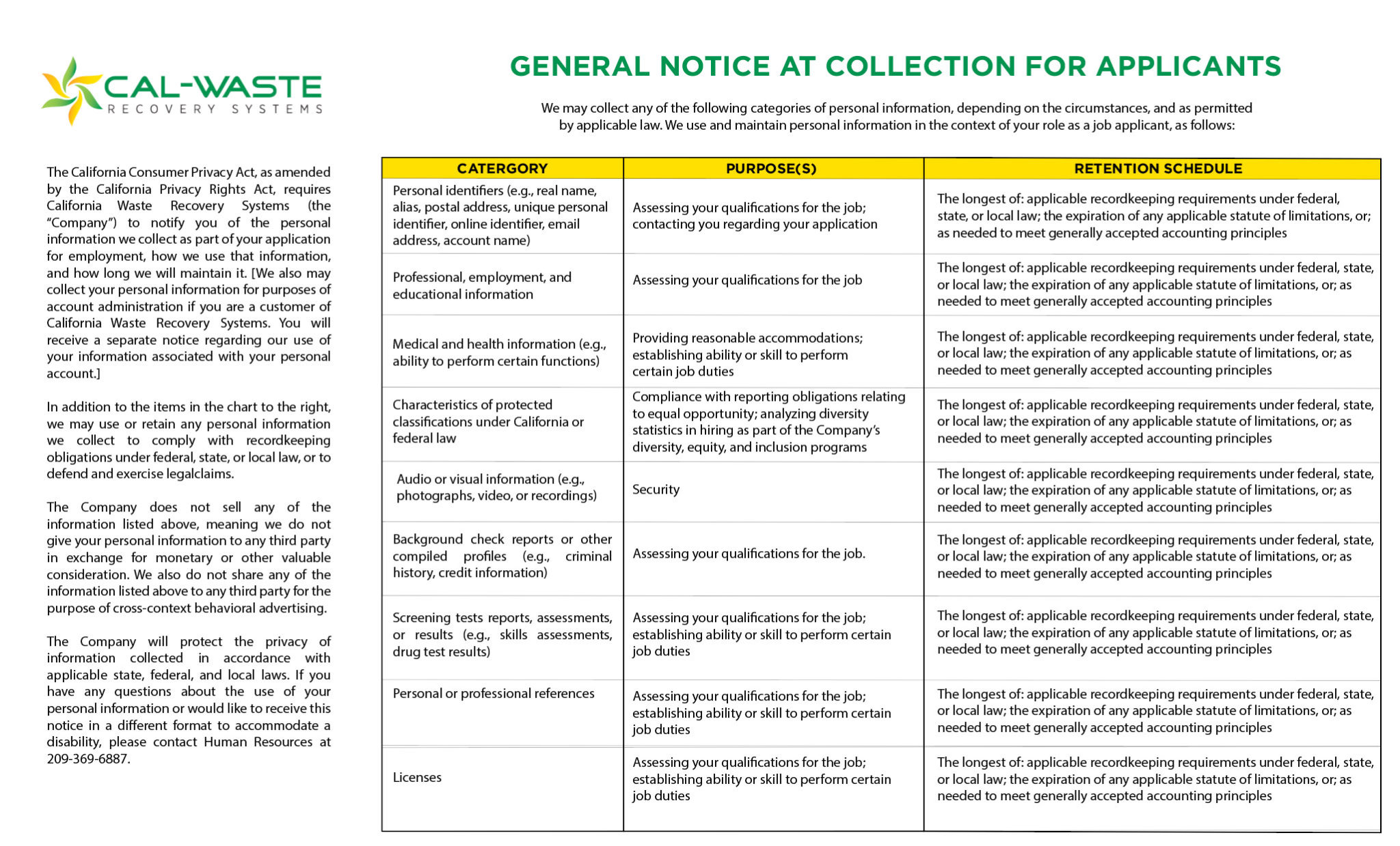 Applications - Careers Cal-Waste Recovery System